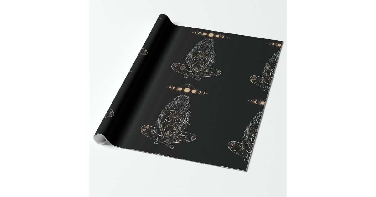 witch witchy witchcraft occult black gold wiccan wrapping paper | Zazzle