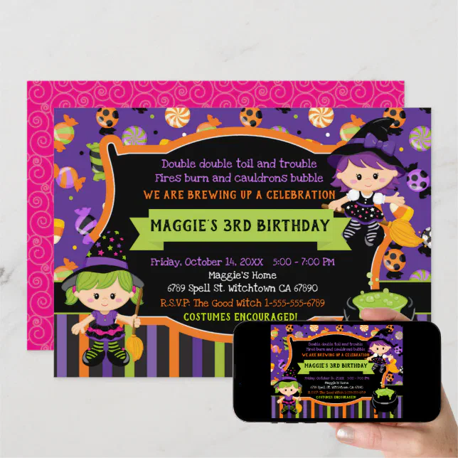 Witches Halloween Birthday Party Invitation | Zazzle