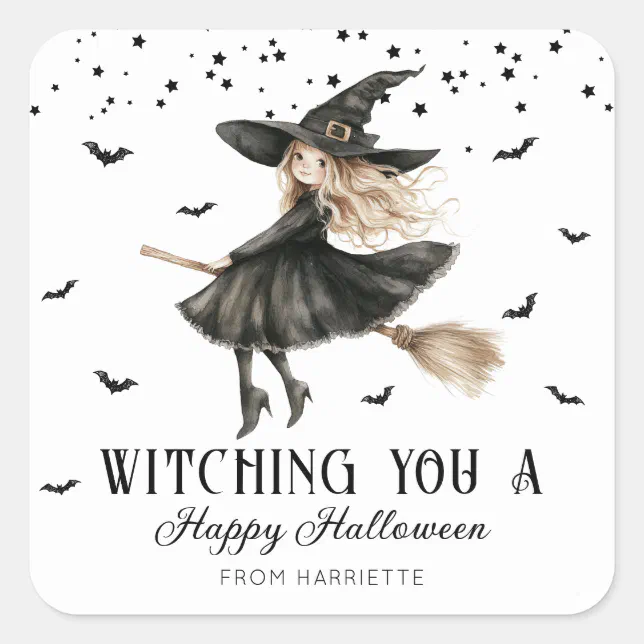 Witching You A happy Halloween Witch Square Sticker | Zazzle