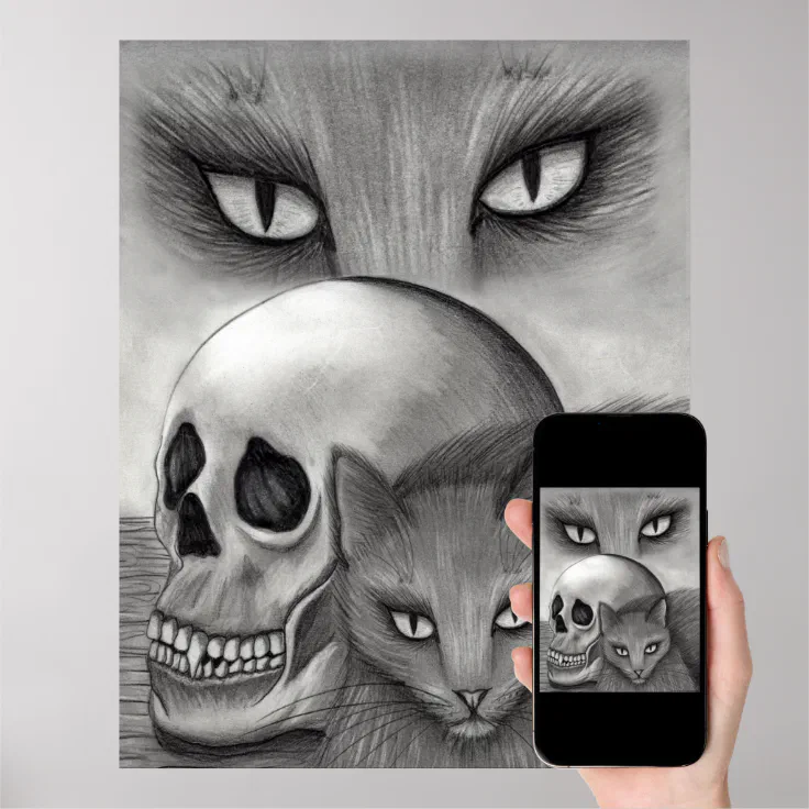Witch's Black Cat Skull Gothic Fantasy Cat Art Pri Poster | Zazzle