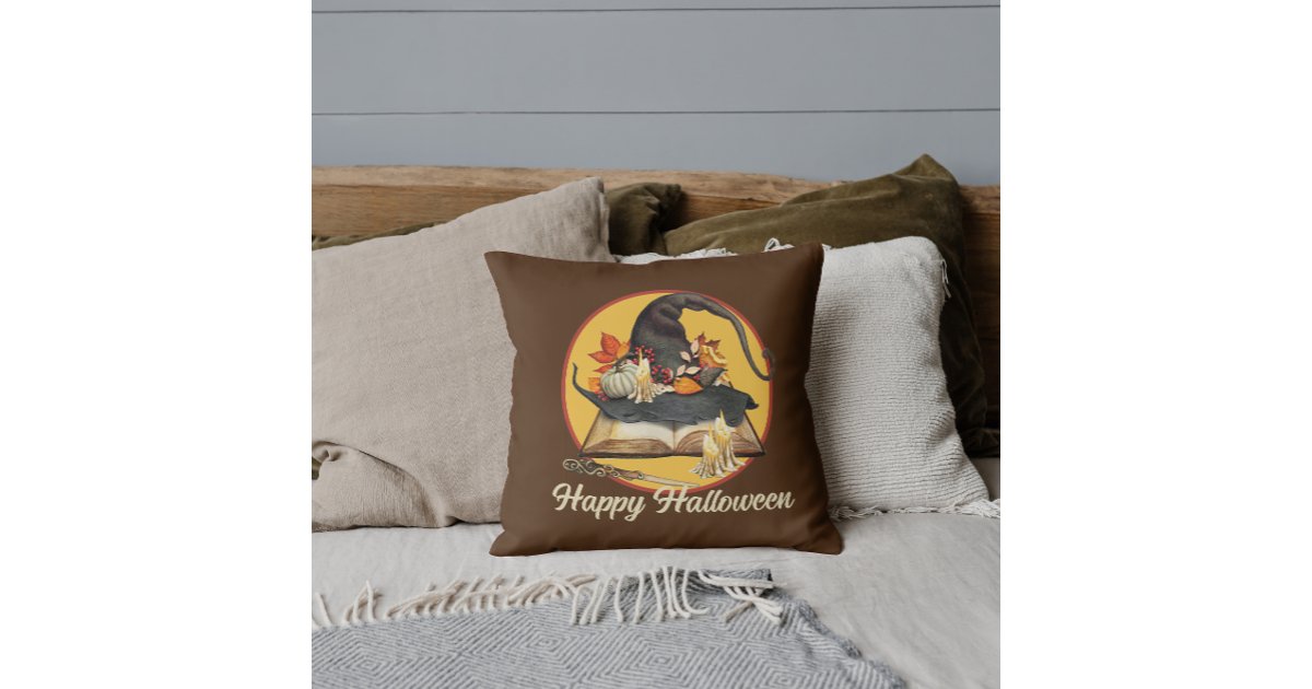 Witch's Hat & Spellbook Halloween Throw Pillow | Zazzle
