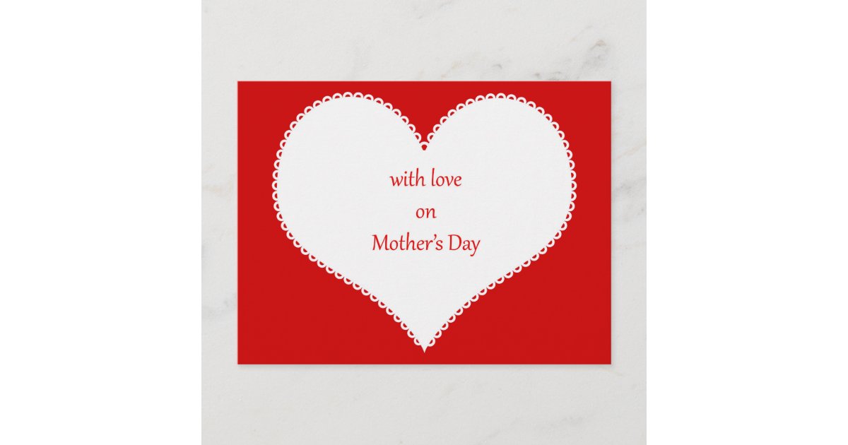 With Love on Mother's Day in Heart Red Background Postcard | Zazzle