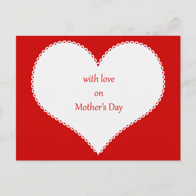 With Love on Mother's Day in Heart Red Background Postcard | Zazzle