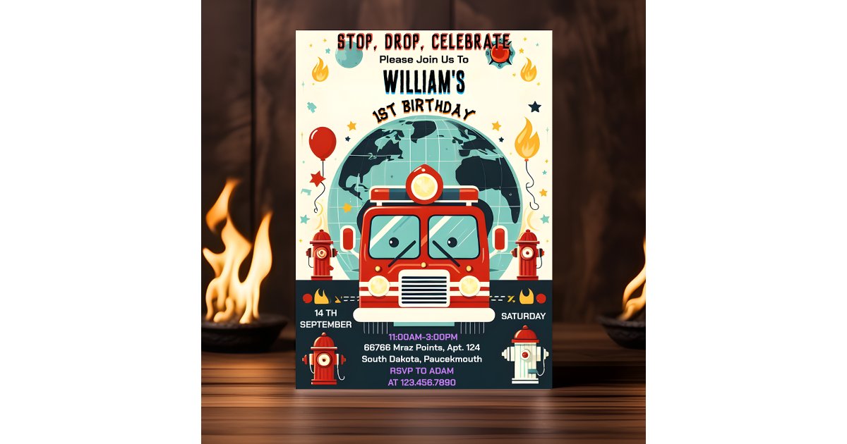 With Red Hot Fire Truck Engine Safety 1st birthday Invitation | Zazzle