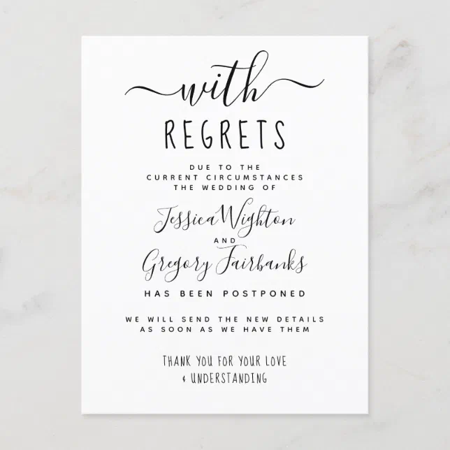 With Regrets Black & White Postponed Wedding Invitation Postcard | Zazzle