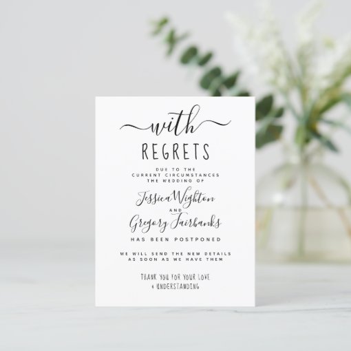 With Regrets Black & White Postponed Wedding Invitation Postcard | Zazzle