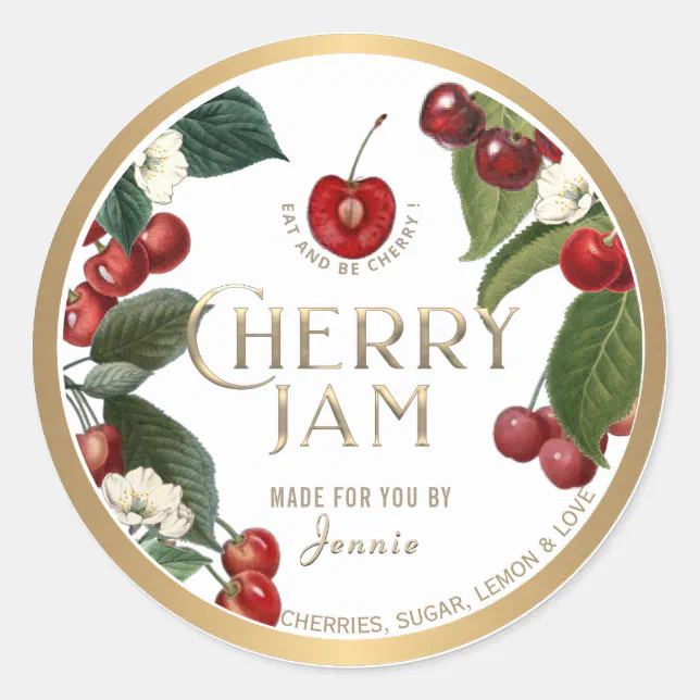 Witty Logo Design Elegant Cherry Jam Preserves Classic Round Sticker ...