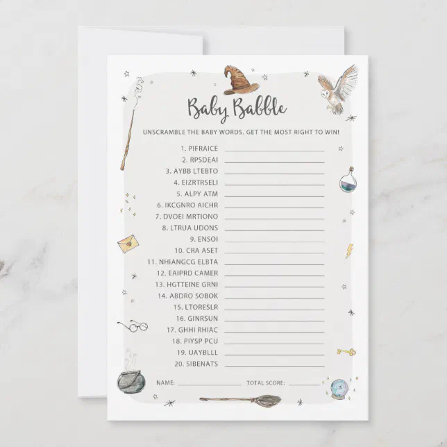 Wizard Baby Shower Baby Babble Word Scramble Game Invitation | Zazzle
