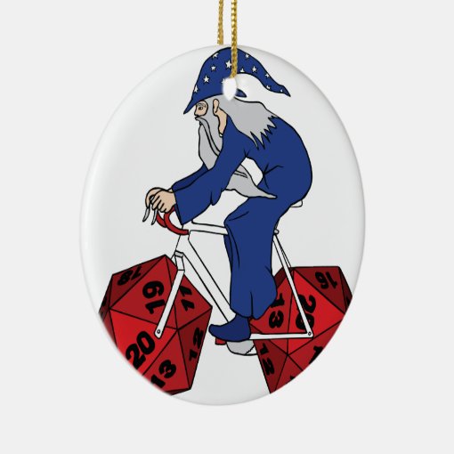 Wizard Riding Bike With 20 Sided Dice Wheels Ceramic Ornament | Zazzle