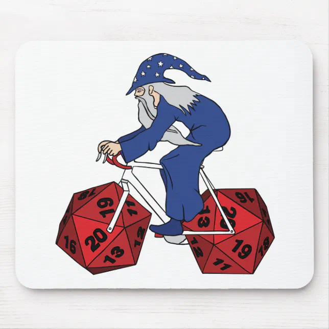 Wizard Riding Bike With 20 Sided Dice Wheels Mouse Pad | Zazzle