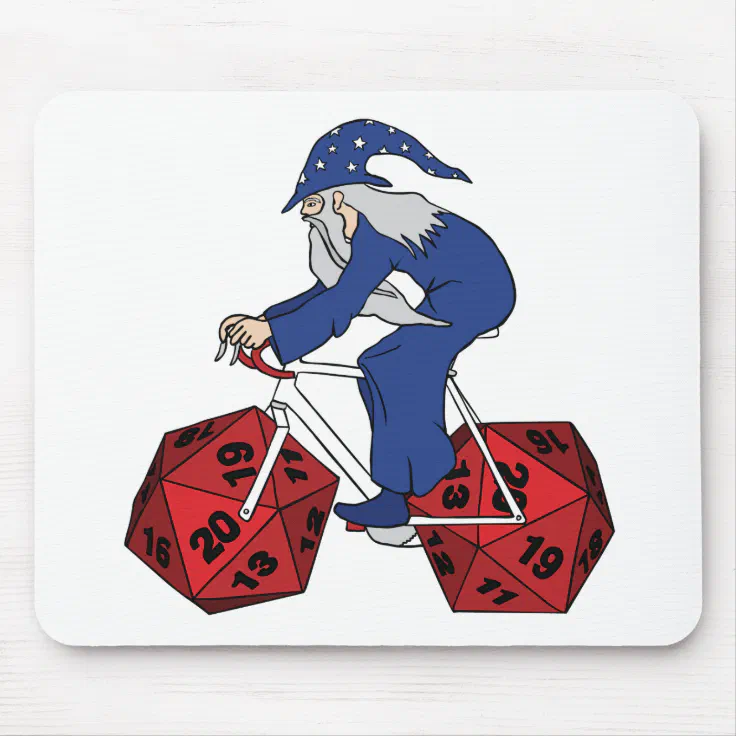 Wizard Riding Bike With 20 Sided Dice Wheels Mouse Pad | Zazzle