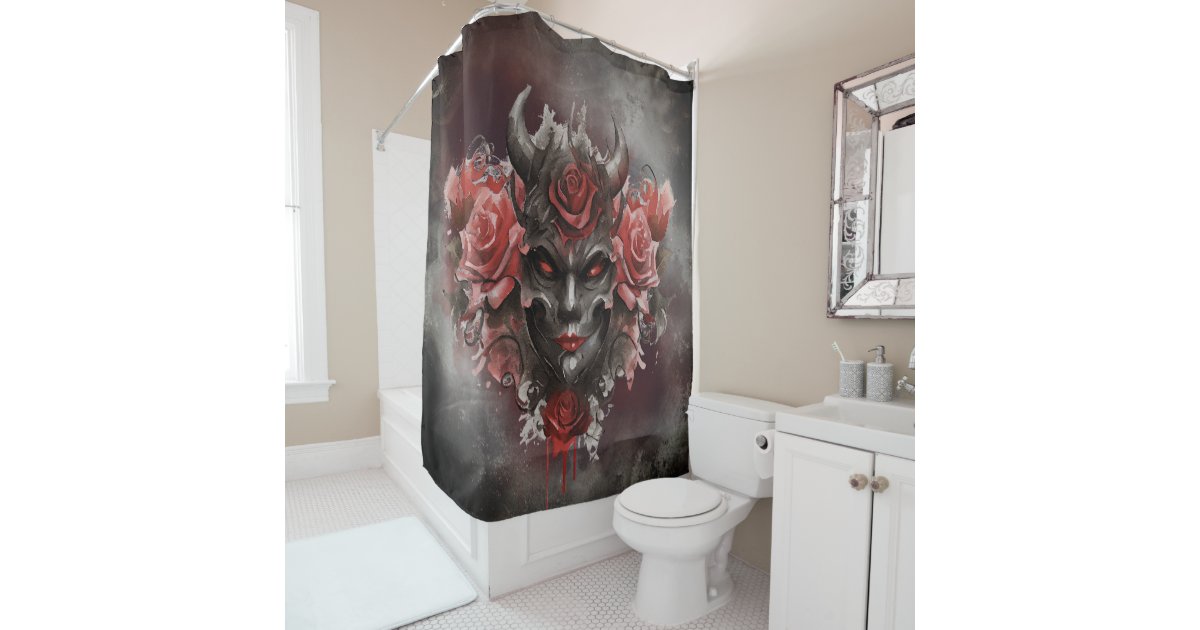 Wizardry | Dark Horned Demon with Glowing Red Eyes Shower Curtain | Zazzle