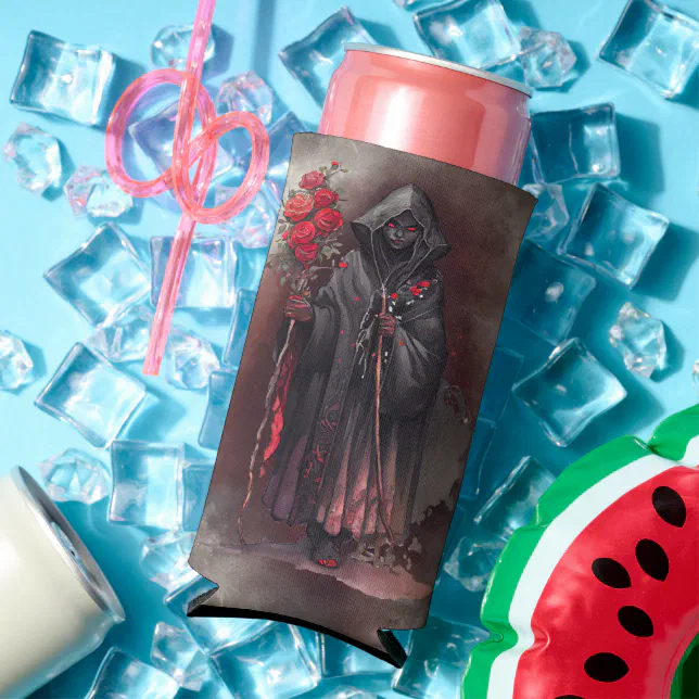 Wizardry | Shadowy Dark Witch Glowing Red Eyes Seltzer Can Cooler | Zazzle