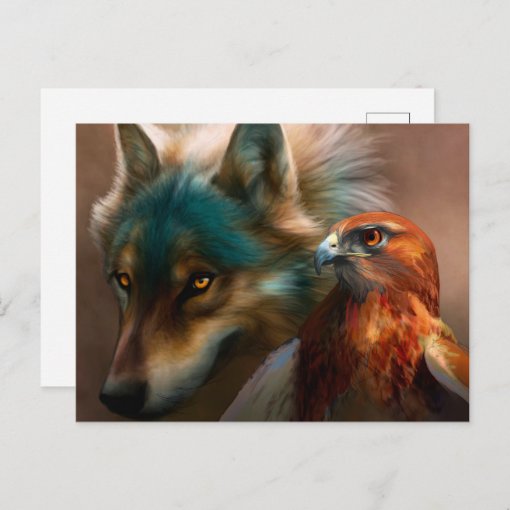 Wolf and eagle painting postcard | Zazzle