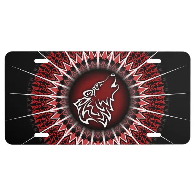 Wolf And Mandala Red White Black Modern License Plate | Zazzle