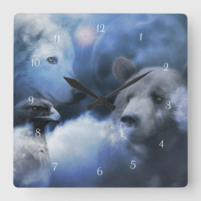 Wolf Bear and Eagle Native American Square Wall Clock | Zazzle