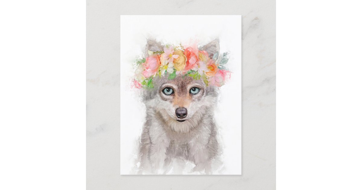 Wolf Cub Flower Crown Portrait Postcard | Zazzle