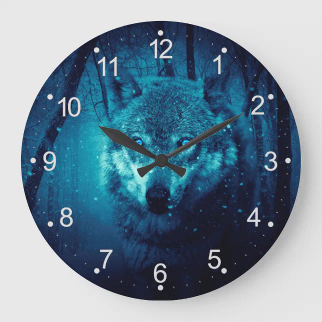 Wolf face in dark fantasy forest large clock | Zazzle