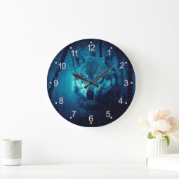 Wolf face in dark fantasy forest large clock | Zazzle