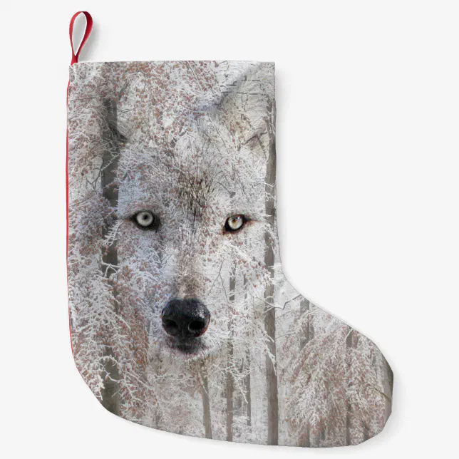 Wolf face in snow woods small christmas stocking | Zazzle