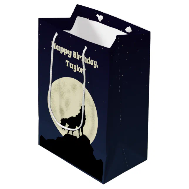 Wolf Howling at the Moon Illustration Personalized Medium Gift Bag | Zazzle