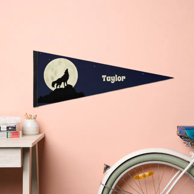 Wolf Howling at the Moon Midnight Blue Pennant Flag | Zazzle