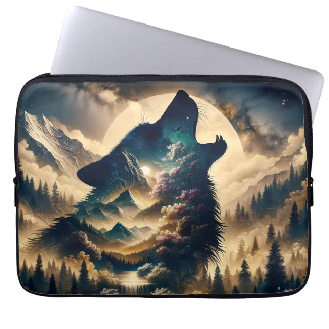 Wolf Howling at the Moon on a Cloudy Night Laptop Sleeve | Zazzle