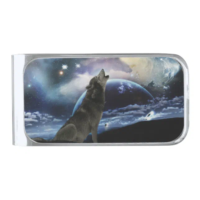 Wolf howling at the moon silver finish money clip | Zazzle