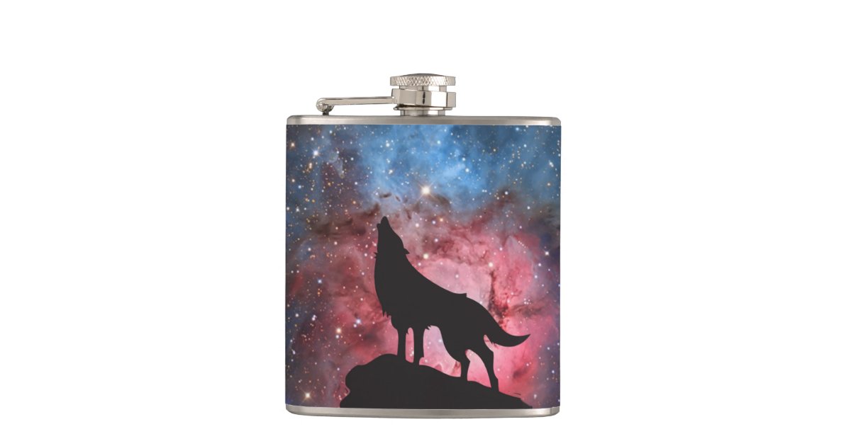Wolf Howling in Galaxy Flask | Zazzle
