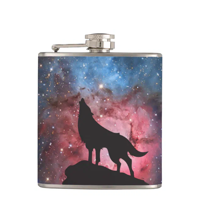 Wolf Howling in Galaxy Flask | Zazzle