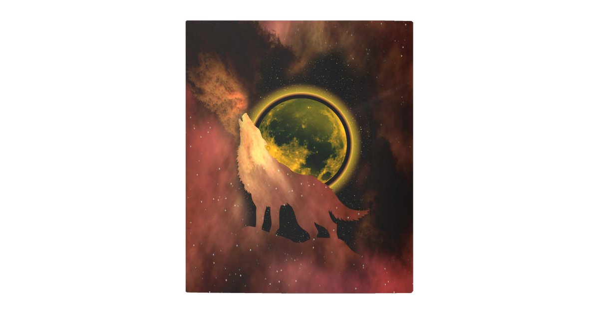 WOLF HOWLING IN SPACE MOON GALAXY METAL PRINT | Zazzle