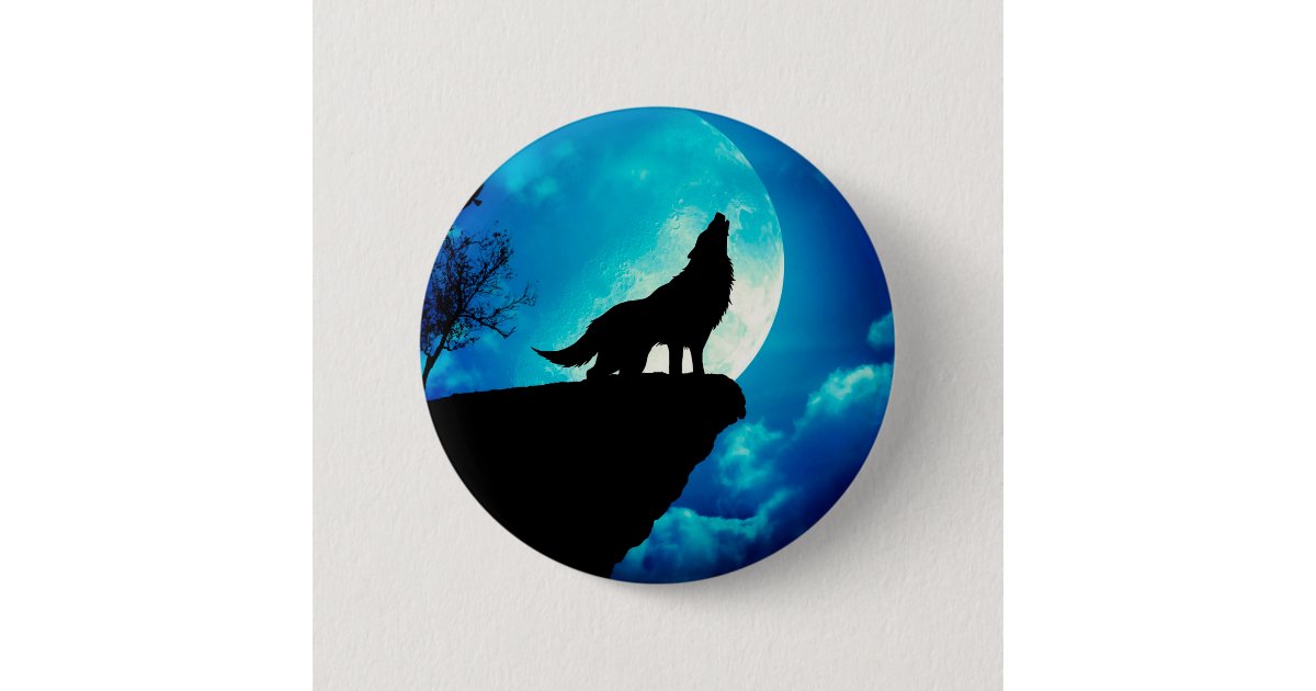 Wolf in silhouette howling to the full moon button | Zazzle
