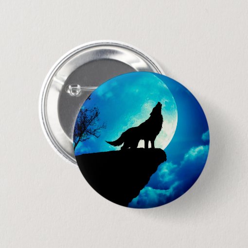 Wolf in silhouette howling to the full moon button | Zazzle