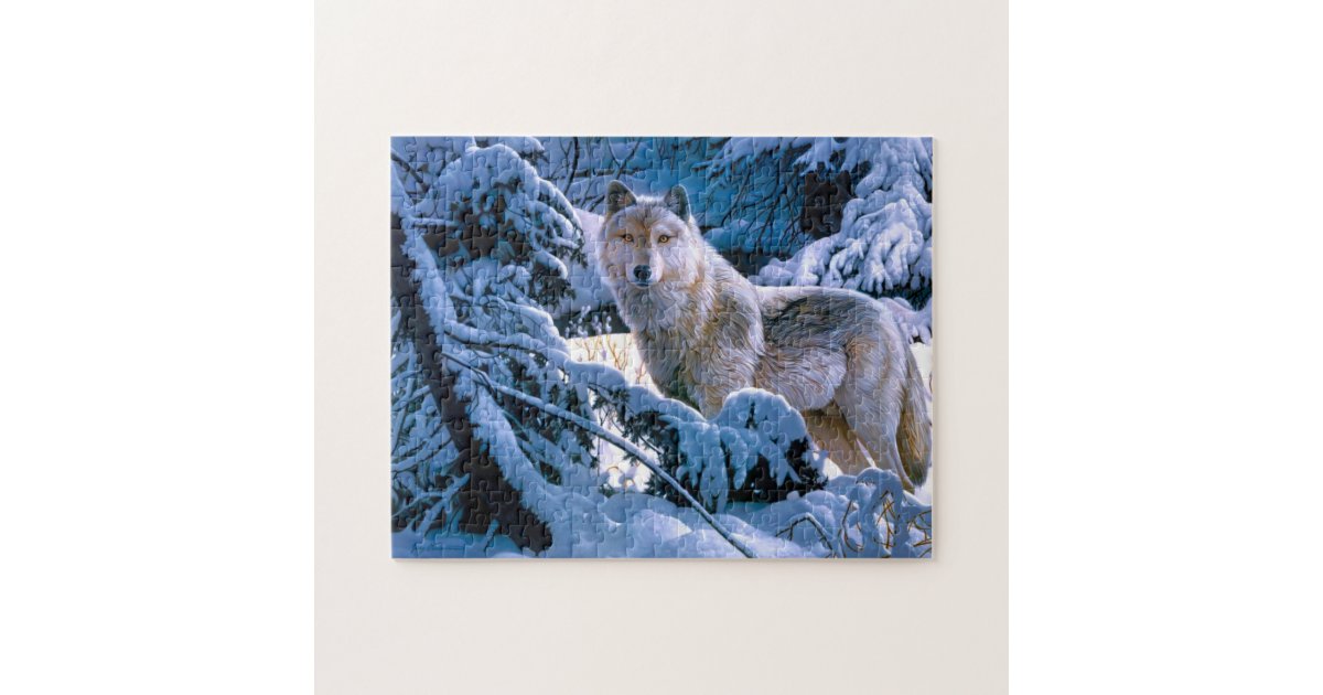 Wolf in the winter forest painting jigsaw puzzle | Zazzle