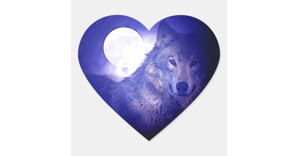 Wolf, Moon & Blue Night Heart Sticker | Zazzle