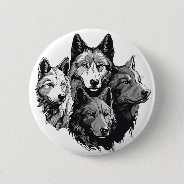 Wolf Pack Tribal Graphic Black and White Wolves Button | Zazzle