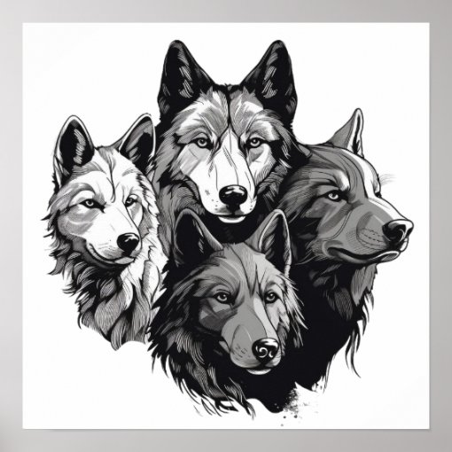 Wolf Pack Tribal Graphic Black and White Wolves Poster | Zazzle