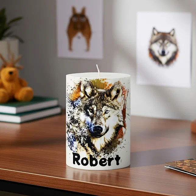Wolf personalized pillar candle | Zazzle