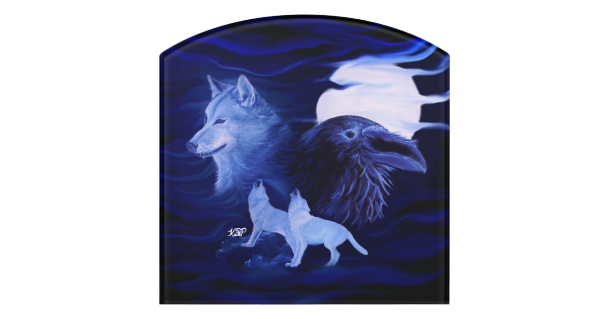 Wolves and Raven with full moon Door Sign | Zazzle
