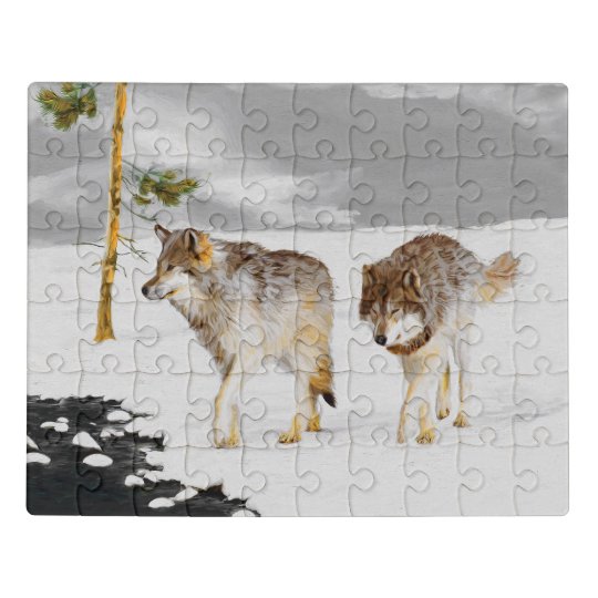 Wolves in Snow Painting - Original Wildlife Art Jigsaw Puzzle | Zazzle.com