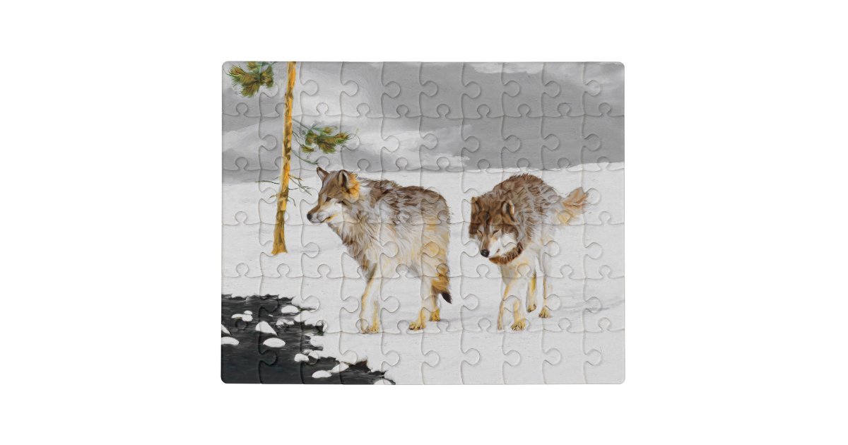 Wolves in Snow Painting - Original Wildlife Art Jigsaw Puzzle | Zazzle