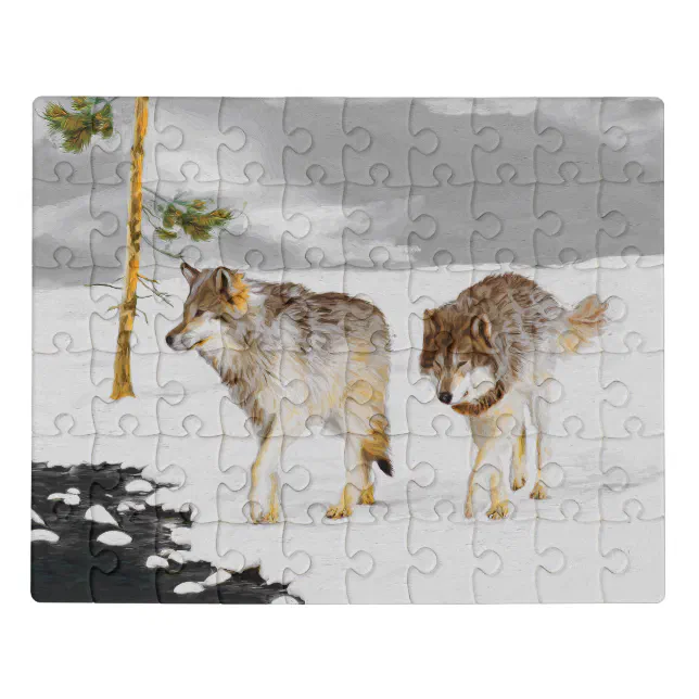 Wolves in Snow Painting - Original Wildlife Art Jigsaw Puzzle | Zazzle