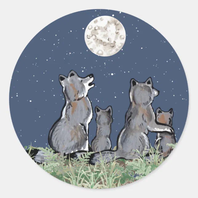 Wolves Wolf Pack Howling at Moon, Night Stars Classic Round Sticker ...