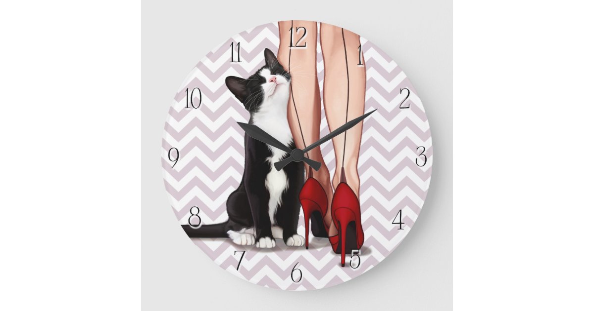 Woman and Tuxedo Cat Large Clock | Zazzle