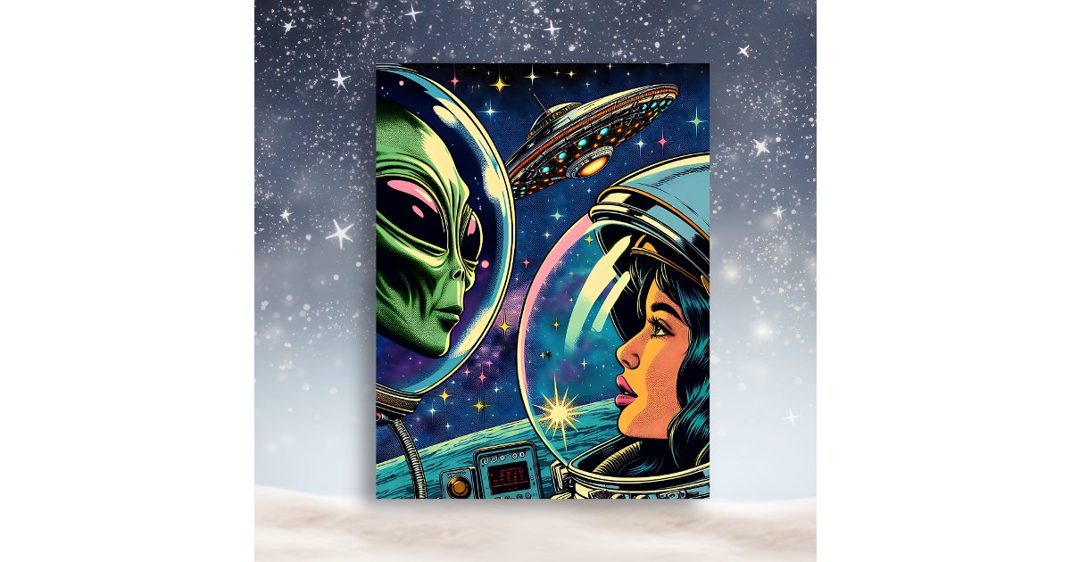 Woman Astronaut Meets Extraterrestrial Alien Postcard | Zazzle