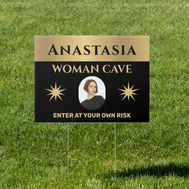 Woman Cave Gold Black Warning Personalize Sign | Zazzle