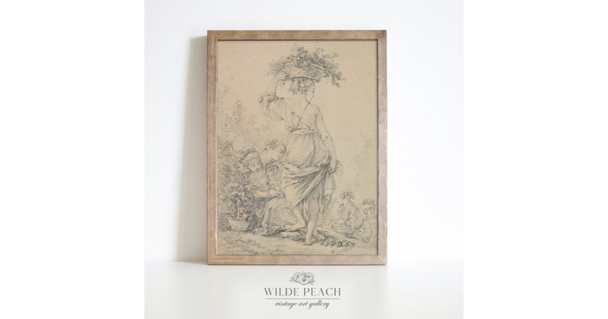 Woman gathering flowers vintage sketch, poster | Zazzle