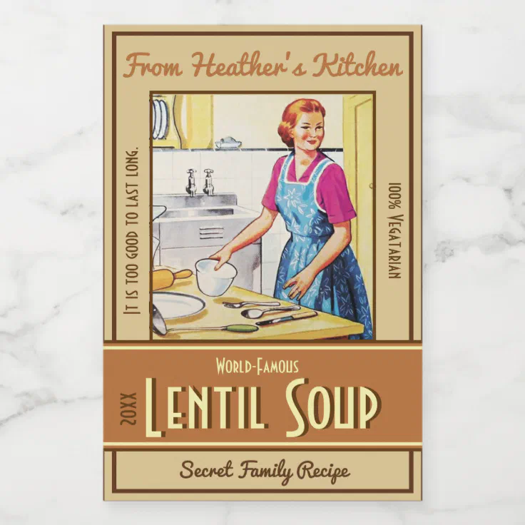 Woman in Kitchen Cooking Vintage Custom Text Food Food Label | Zazzle