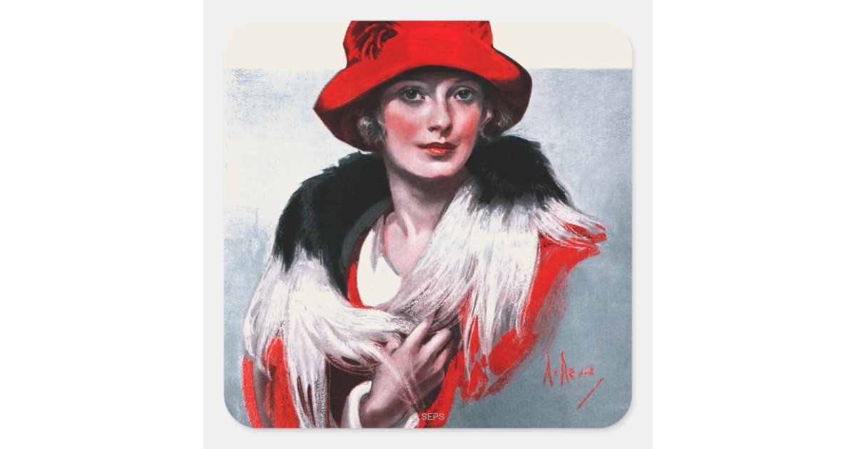 Woman in Red Hat Square Sticker | Zazzle