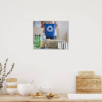 Woman recycling plastic bottles, cans and poster | Zazzle